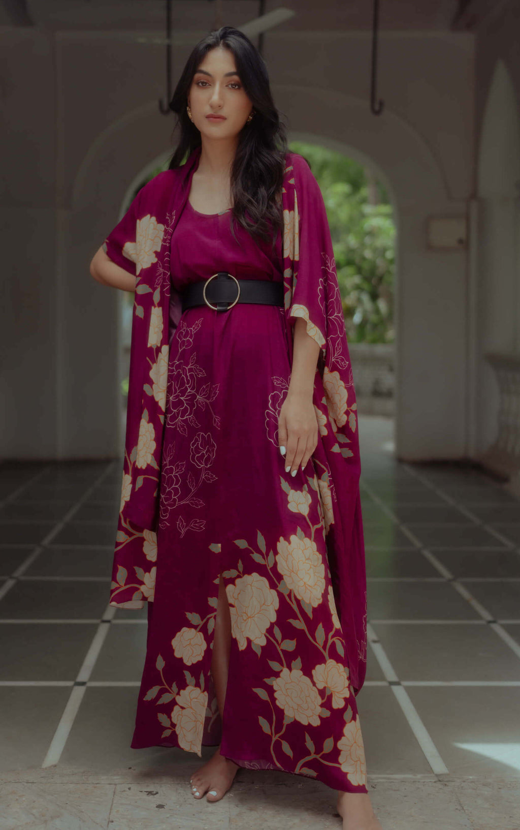 Paulmi & Harsh | Violet Print Maxi With Jacket And Leather Belt ...