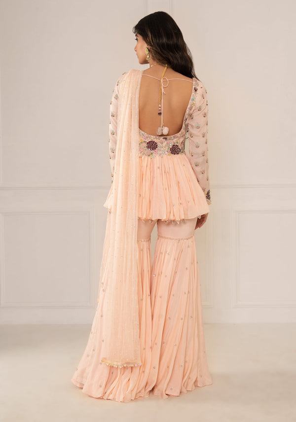 Mani Bhatia | Tea Pink Peplum Garara Set | INDIASPOPUP.COM