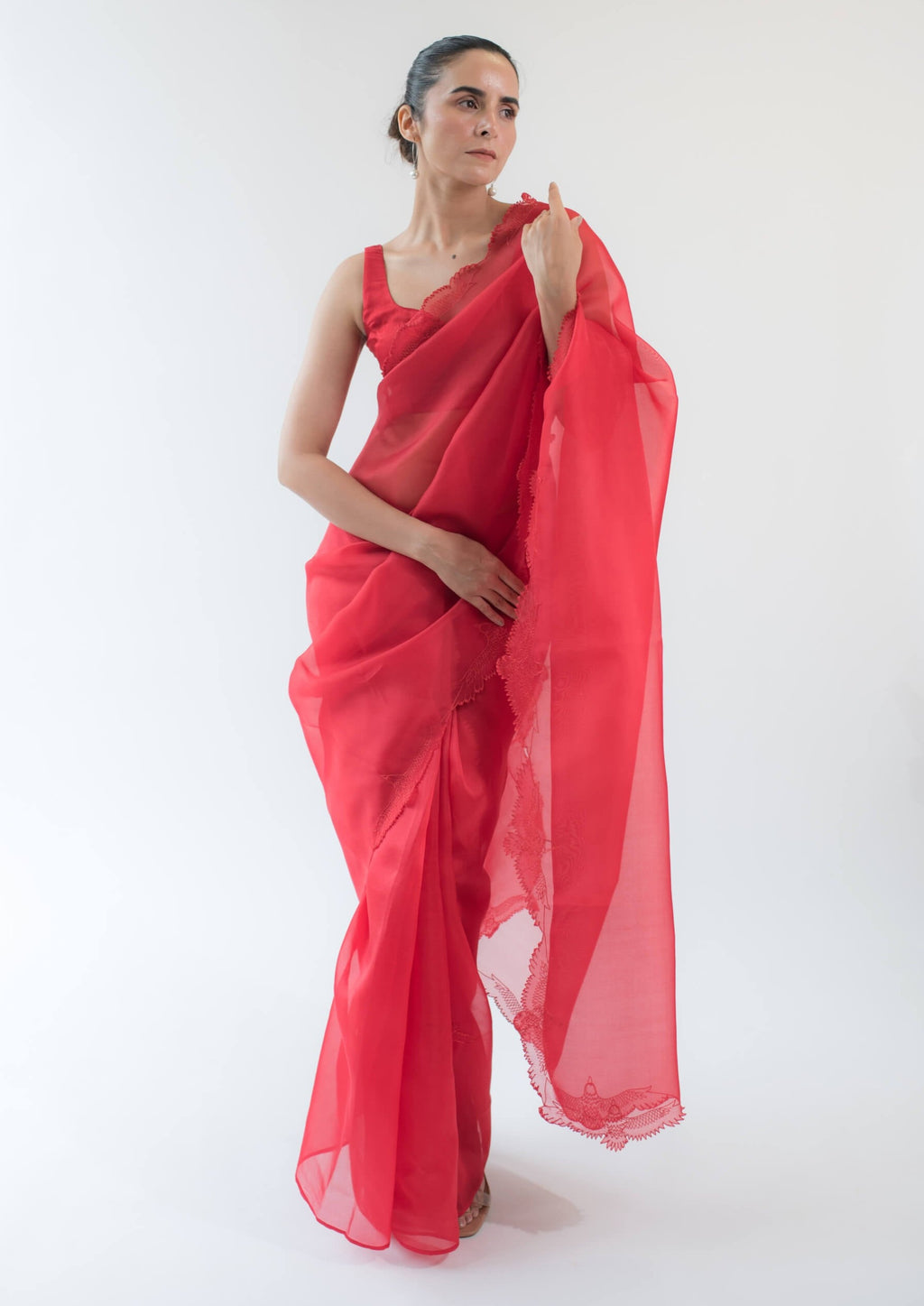 Kapardara | Ruby Red Silk Organza Sari | INDIASPOPUP.COM