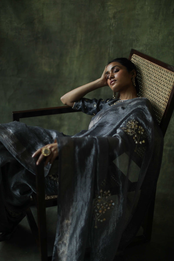 Begum Pret | Slate Grey Gulnaaz Sari With Blouse | INDIASPOPUP.COM