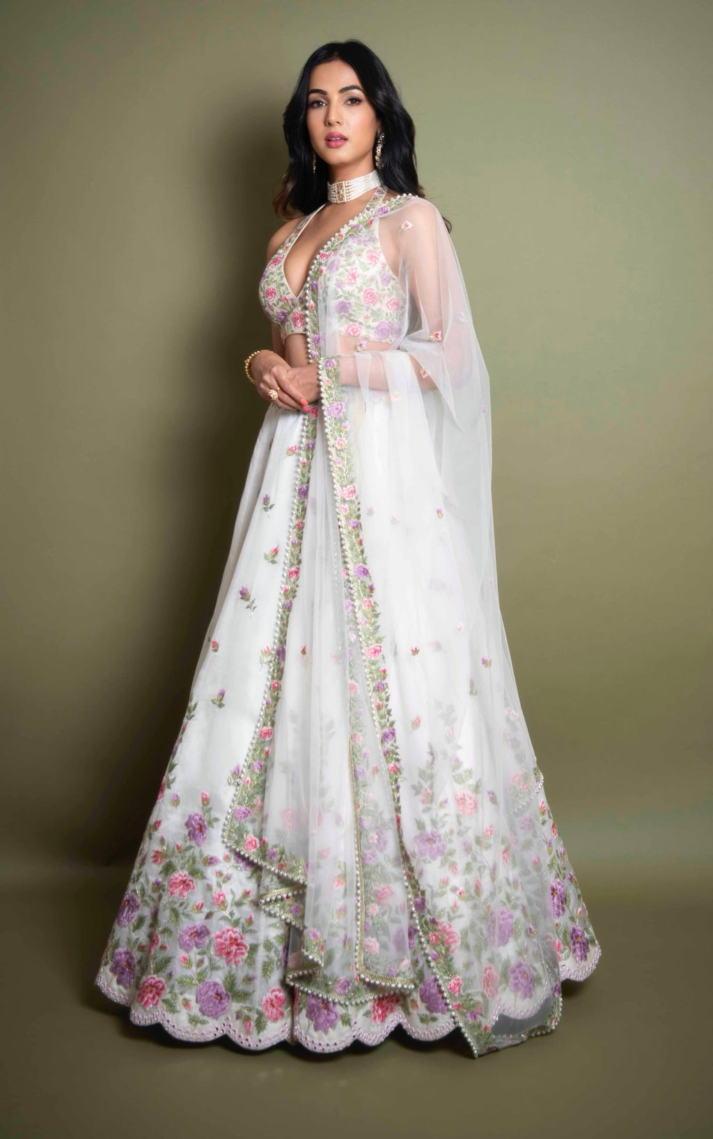 Chamee And Palak | Ivory White Flower Motif Lehenga Set