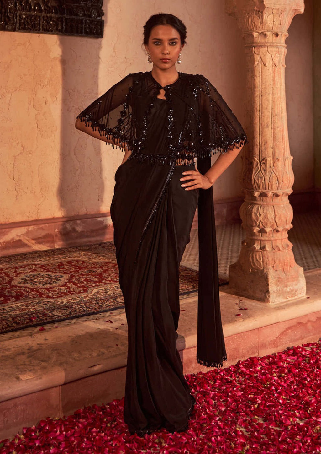 Nidhika Shekhar | Black Embroidered Sari And Cape Set | INDIASPOPUP.COM