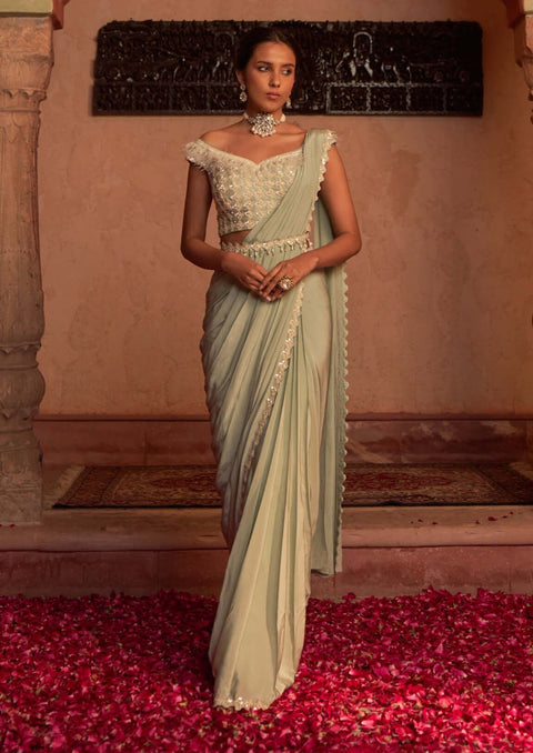Nidhika Shekhar | Sage Green Embroidered Sari Set | INDIASPOPUP.COM