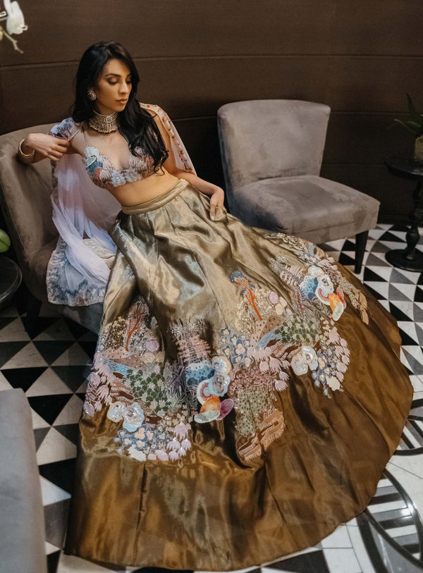 Aisha Rao | Copper And Gold Embellished Lehenga Set | INDIASPOPUP.COM