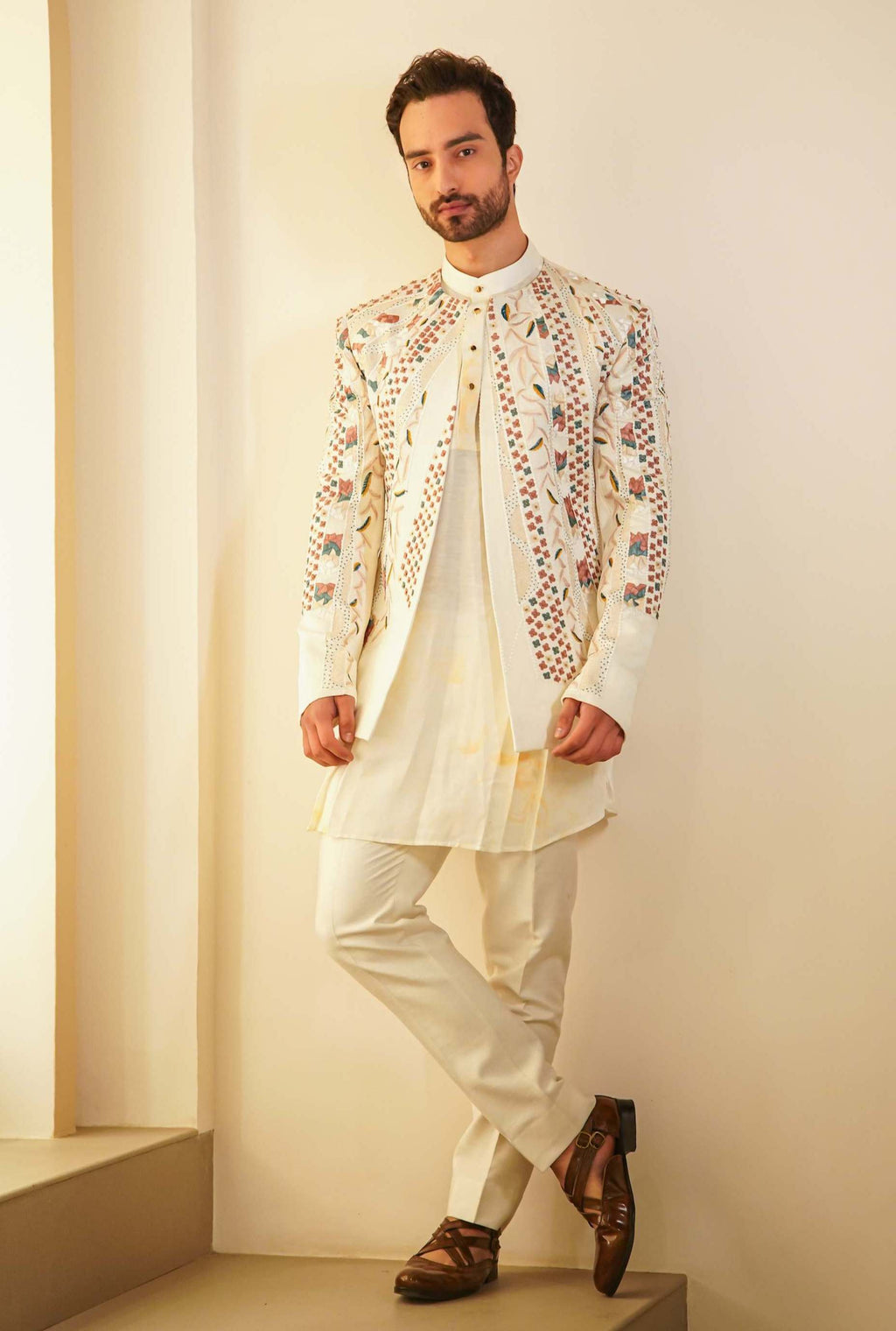 Jatin Malik | Dirty Ivory Short Jacket With Kurta And Trouser ...