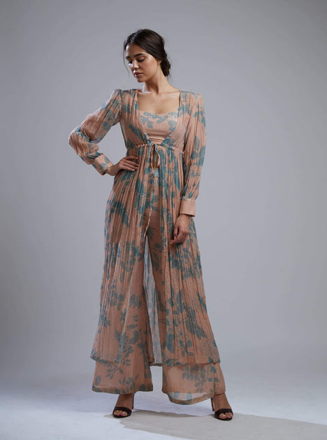 Koai | Cream & Teal Floral Cape | INDIASPOPUP.COM