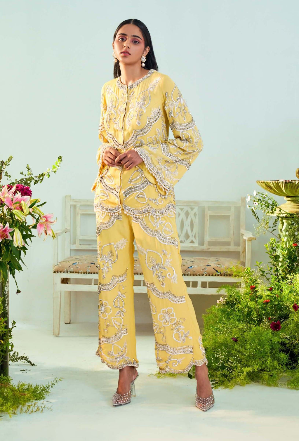 Mani Bhatia | Evelyn Sunshine Yellow Top With Flared Pant | INDIASPOPUP.COM