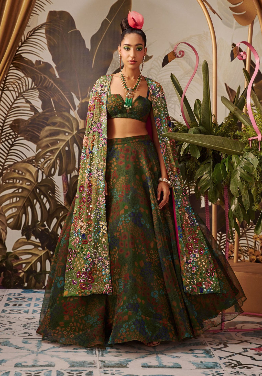 Payal And Zinal | Green Printed Bustier With Skirt And Cape ...