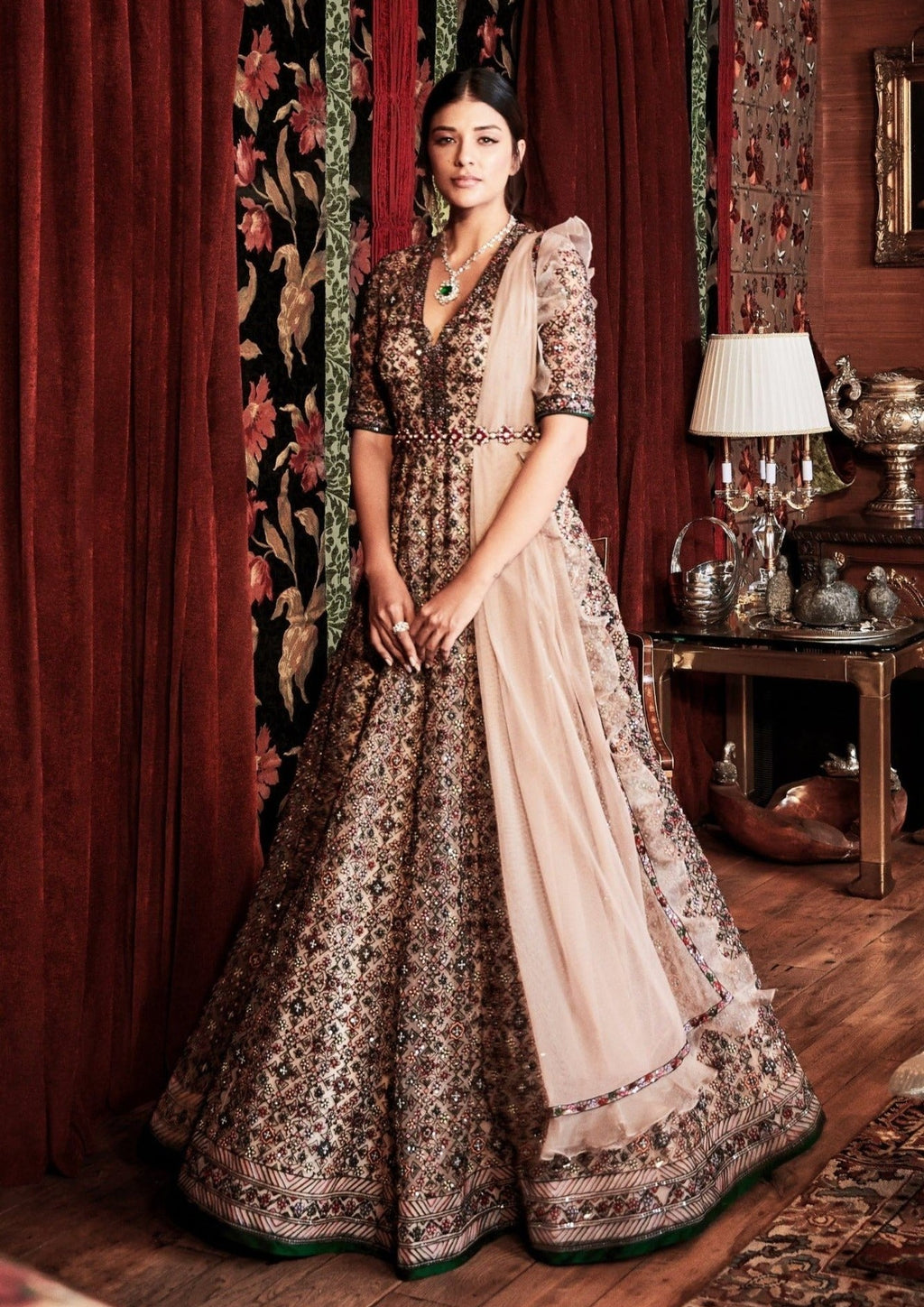 Ridhi Mehra | Champagne Embroidered Anarkali And Belt | INDIASPOPUP.COM