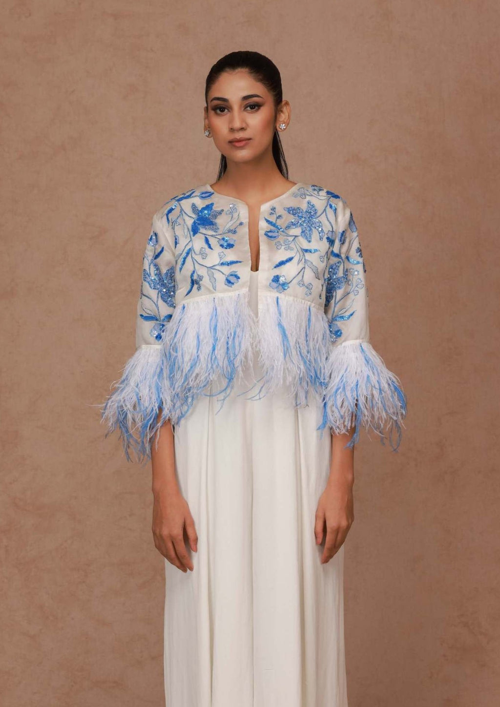 Shriya Som | White Feather Cropped Jacket | INDIASPOPUP.COM