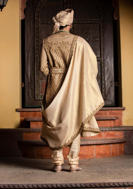 Nitika Gujral Men | Gold Raw Silk Achkan Set | INDIASPOPUP.COM