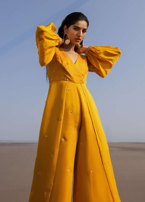 Ease | Mango Yellow Balloon Sleeves Jumpsuit | INDIASPOPUP.COM