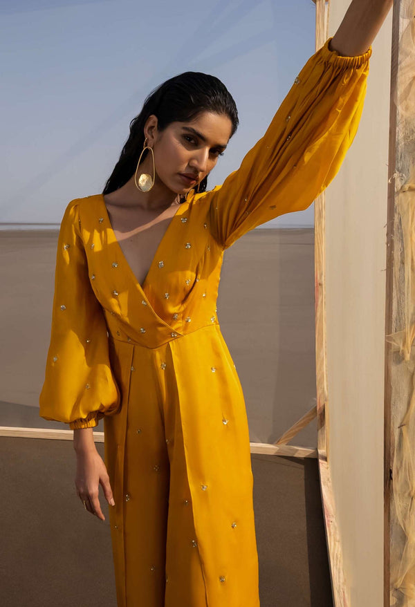 Ease | Mango Yellow Balloon Sleeves Jumpsuit | INDIASPOPUP.COM
