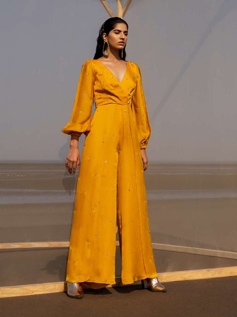 Ease | Mango Yellow Balloon Sleeves Jumpsuit | INDIASPOPUP.COM