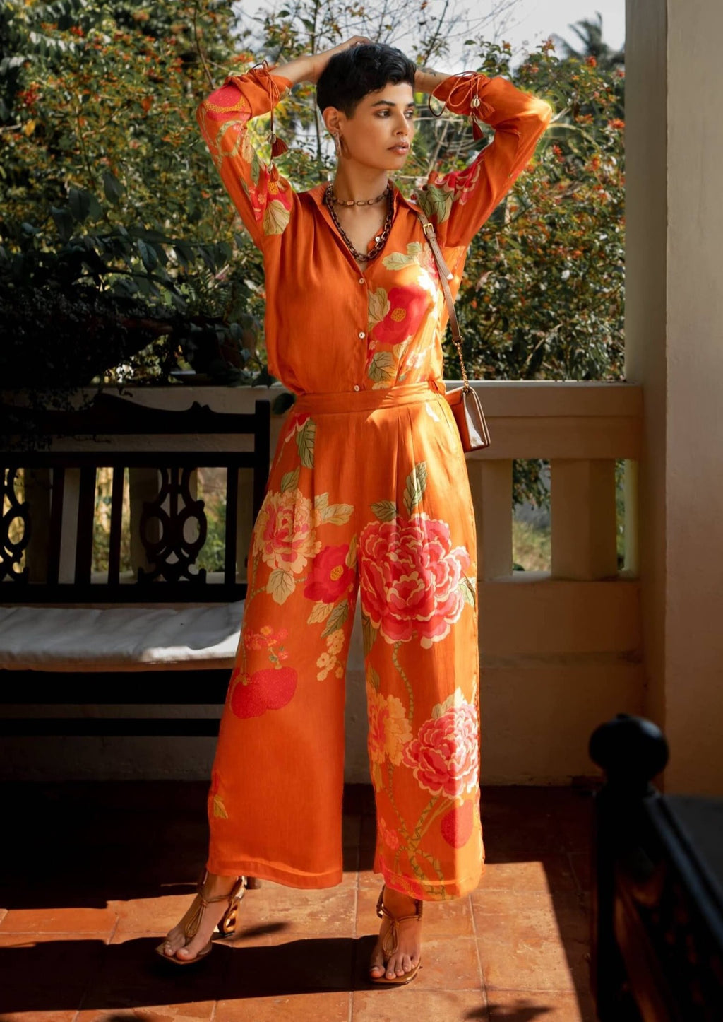 Paulmi & Harsh | Orange Blissful Floral Shirt And Pants | INDIASPOPUP.COM